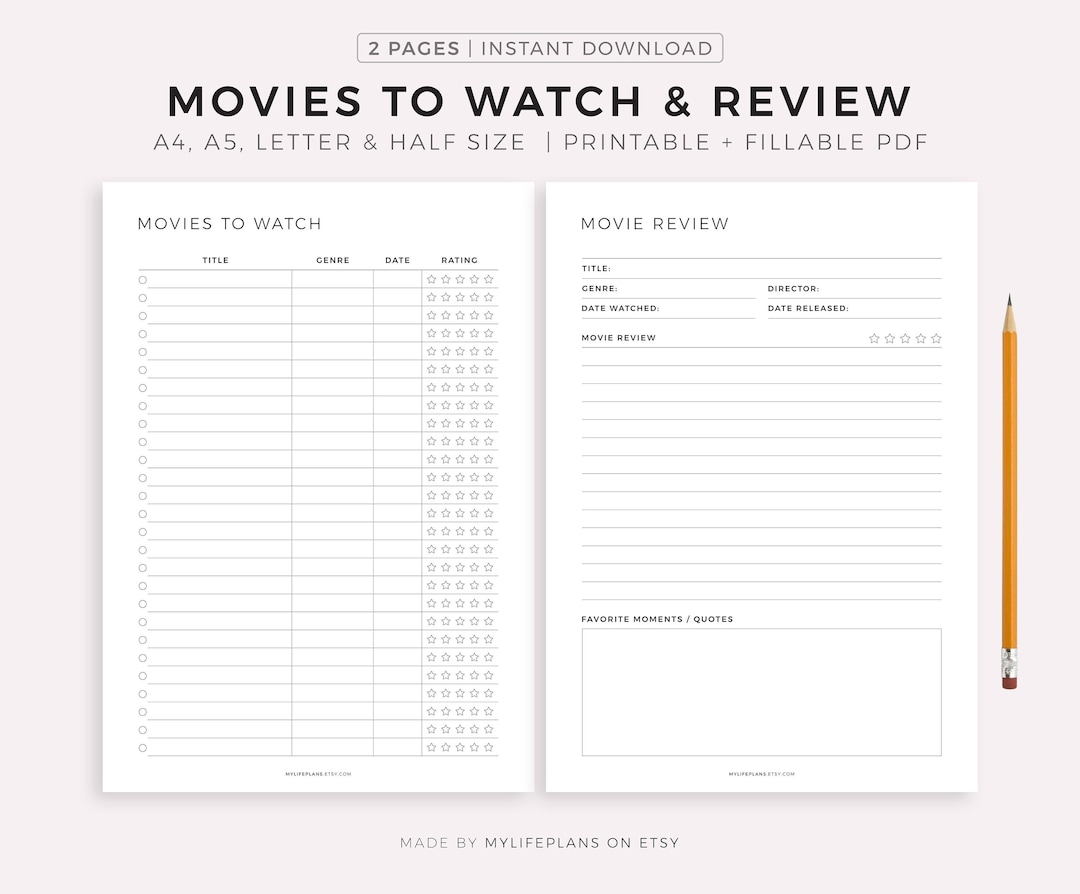 Movies to Watch & Review Page Printable and Fillable PDF, A4/a5/letter ...