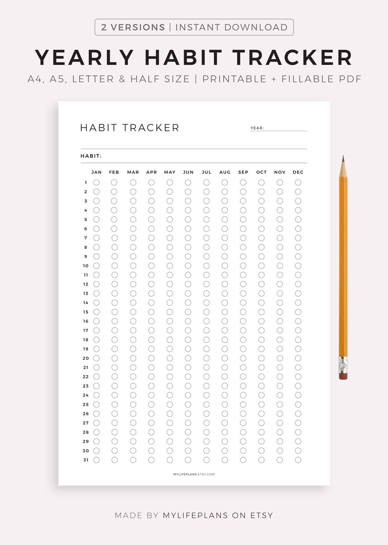 Yearly Habit Tracker Printable & Fillable Routine Tracker - Etsy