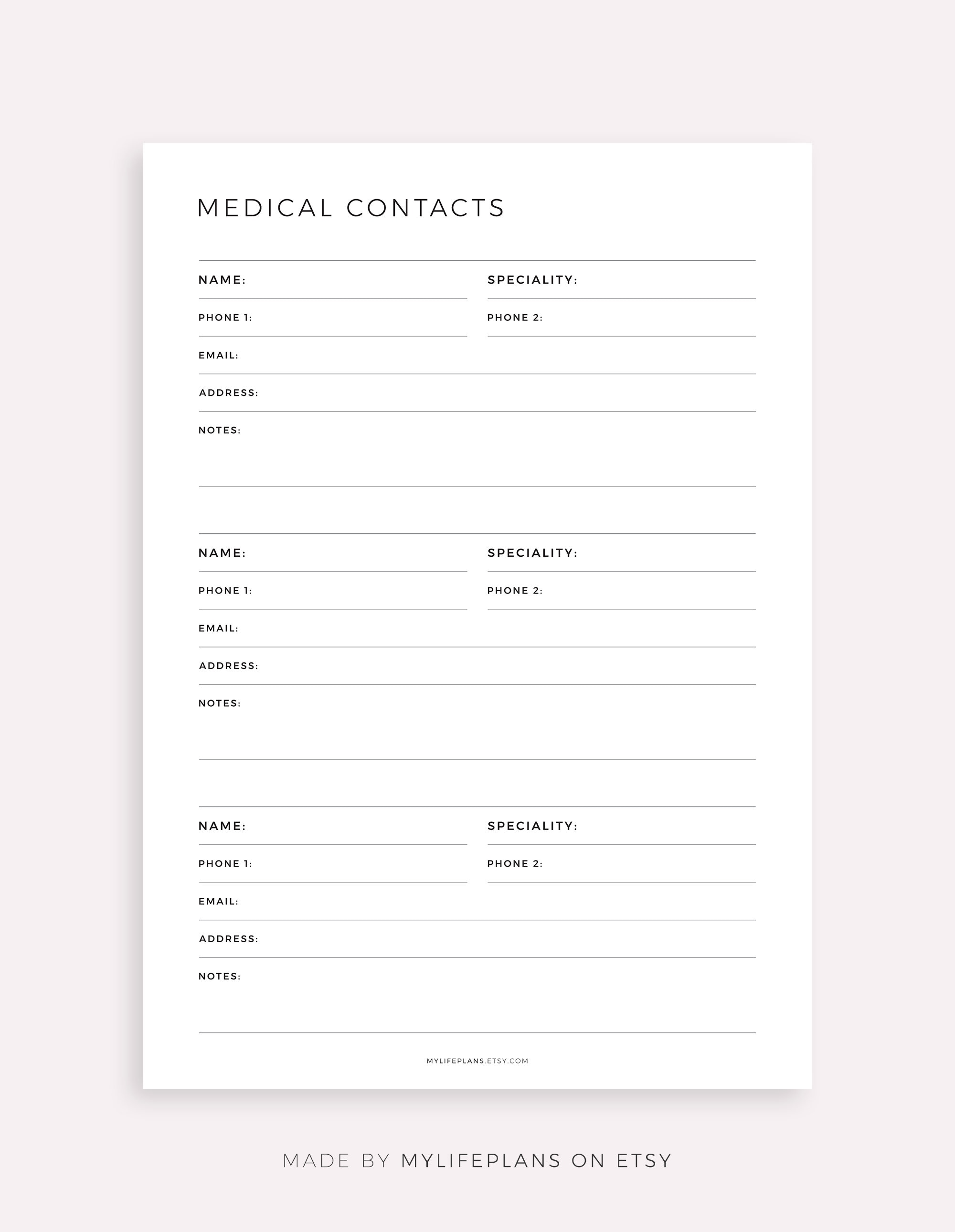 Medical Contacts List Template, Healthcare Contacts, Doctor Contacts ...