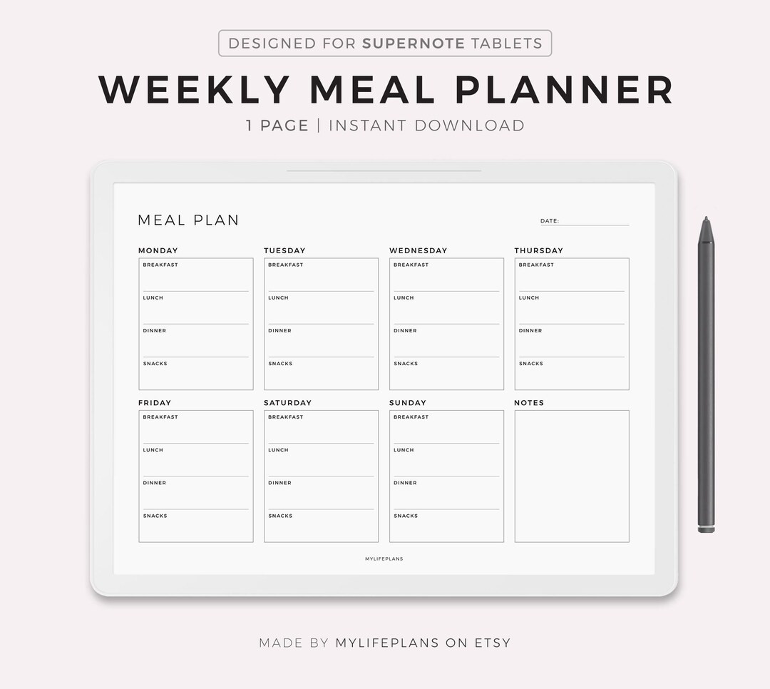 Weekly Meal Planner for Supernote A5X2/A5X/A5/A6X2/A6X/A6, Landscape ...
