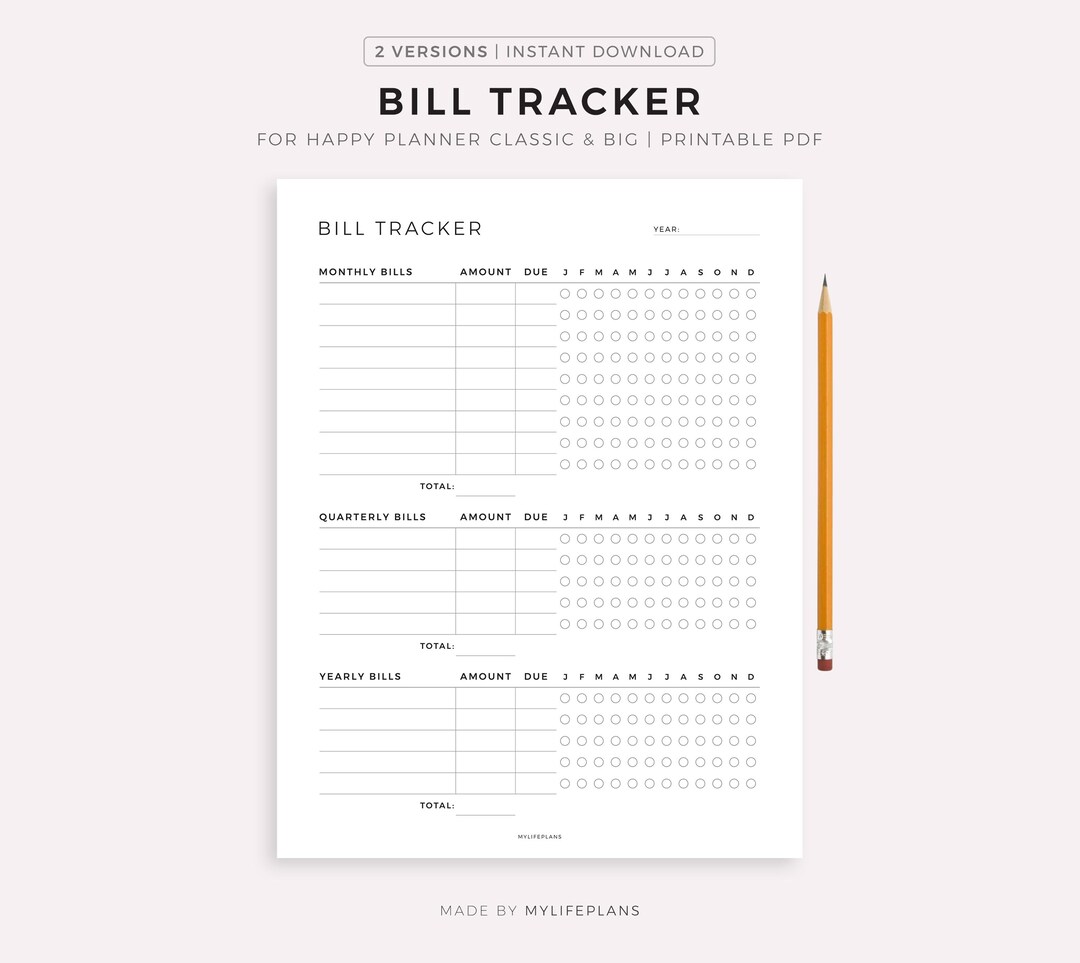 Monthly, Quartly, Yearly Bill Tracker on One Page, Printable Template ...
