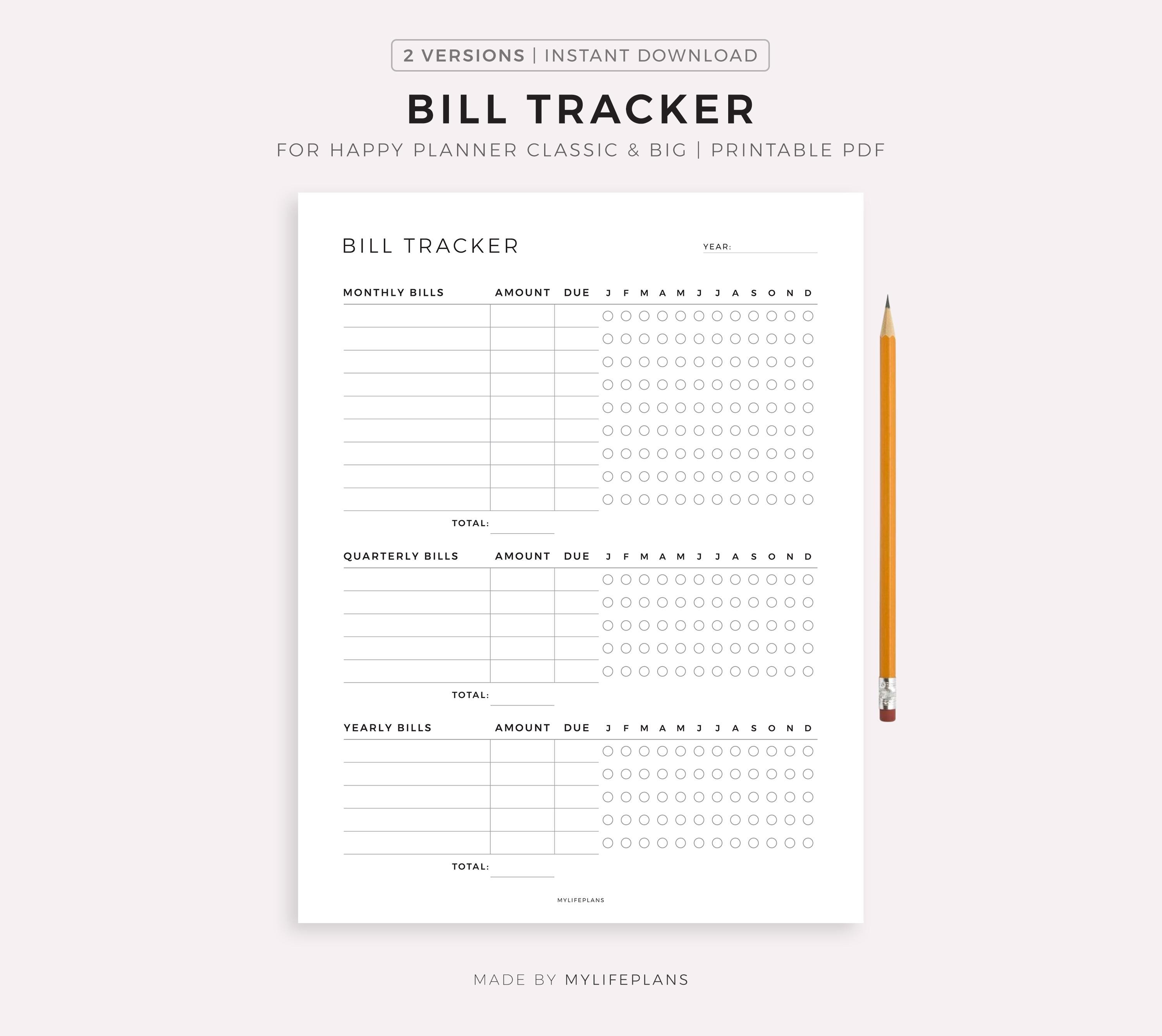 Monthly, Quartly, Yearly Bill Tracker on One Page, Printable Template ...