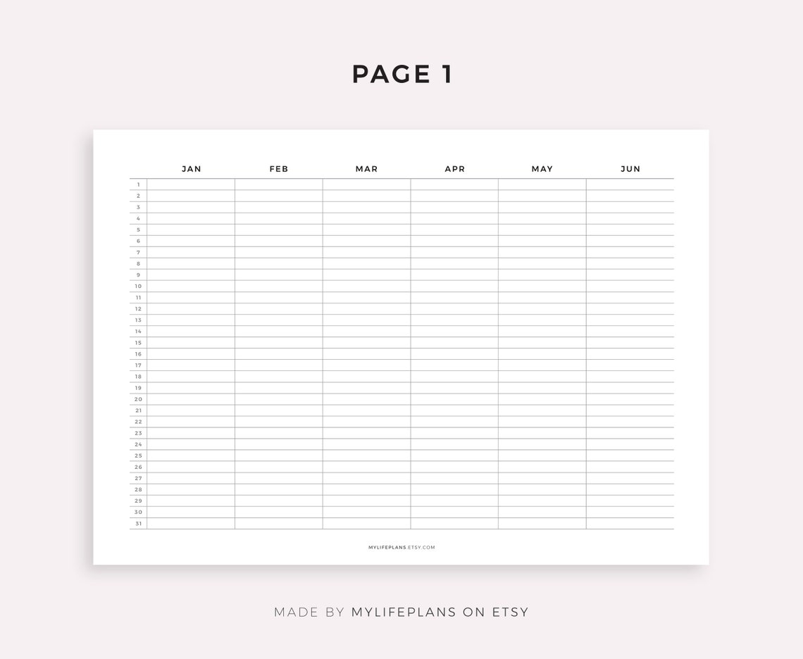 Half Year Calendar Printable Undated Calendar on 2 Pages - Etsy