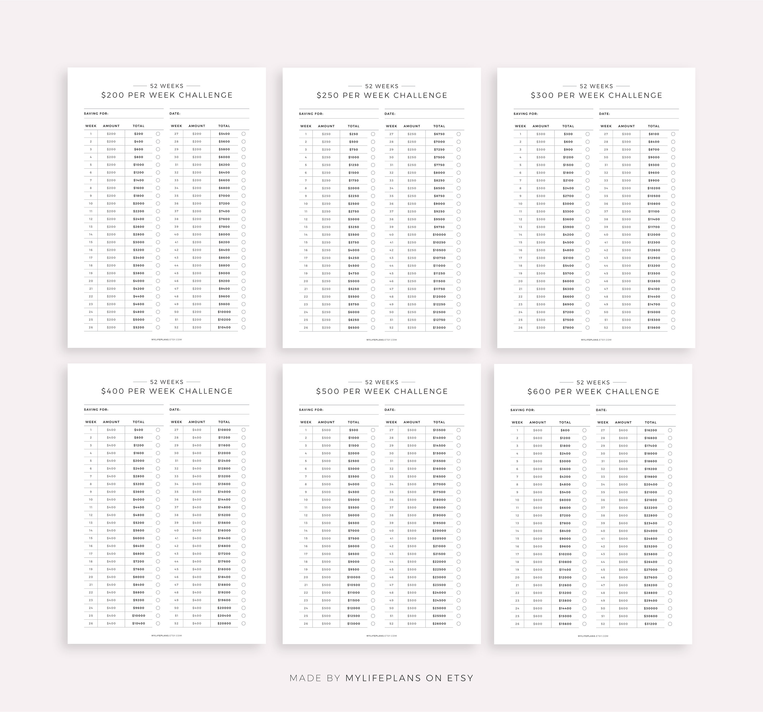 52 Week Saving Challenges Printable & Fillable PDF, Savings Trackers ...