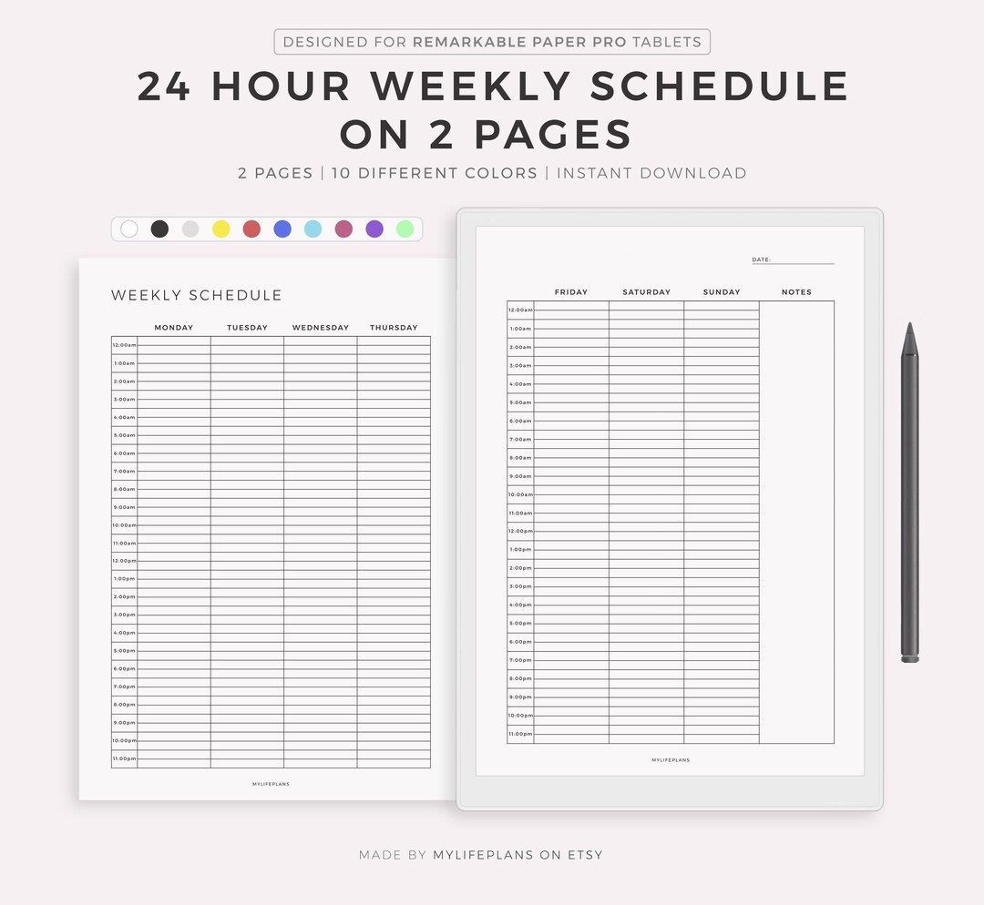 24 Hour Weekly Schedule on 2 Pages, Sunday & Monday Start, Compatible ...