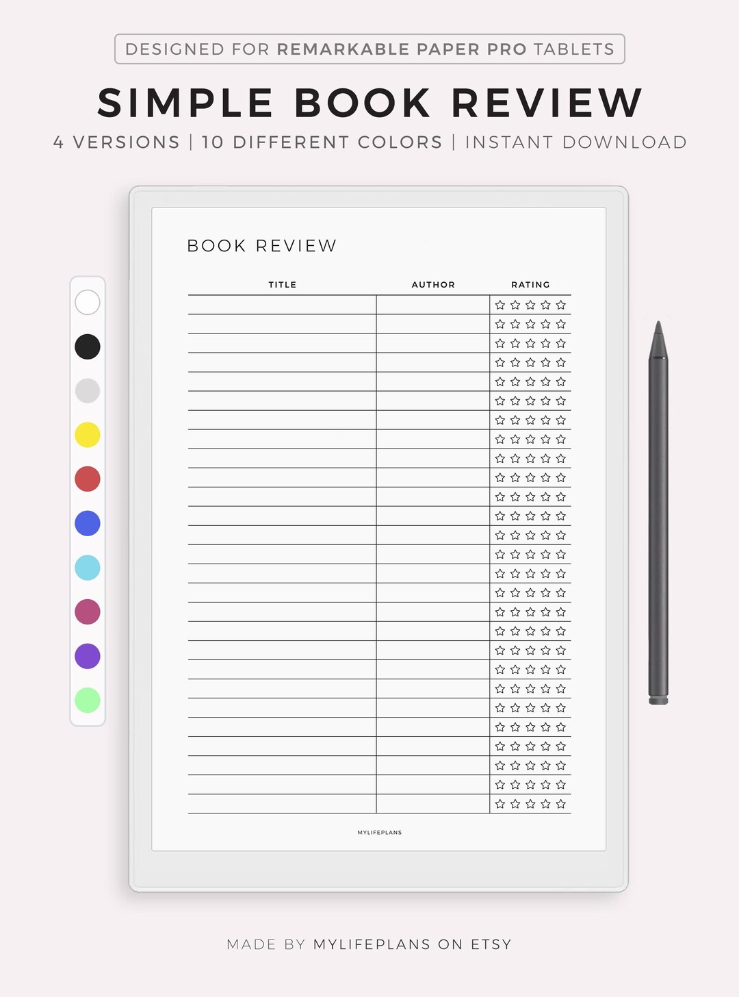 Simple Book Review Template for Remarkable Paper Pro, Book Log and ...