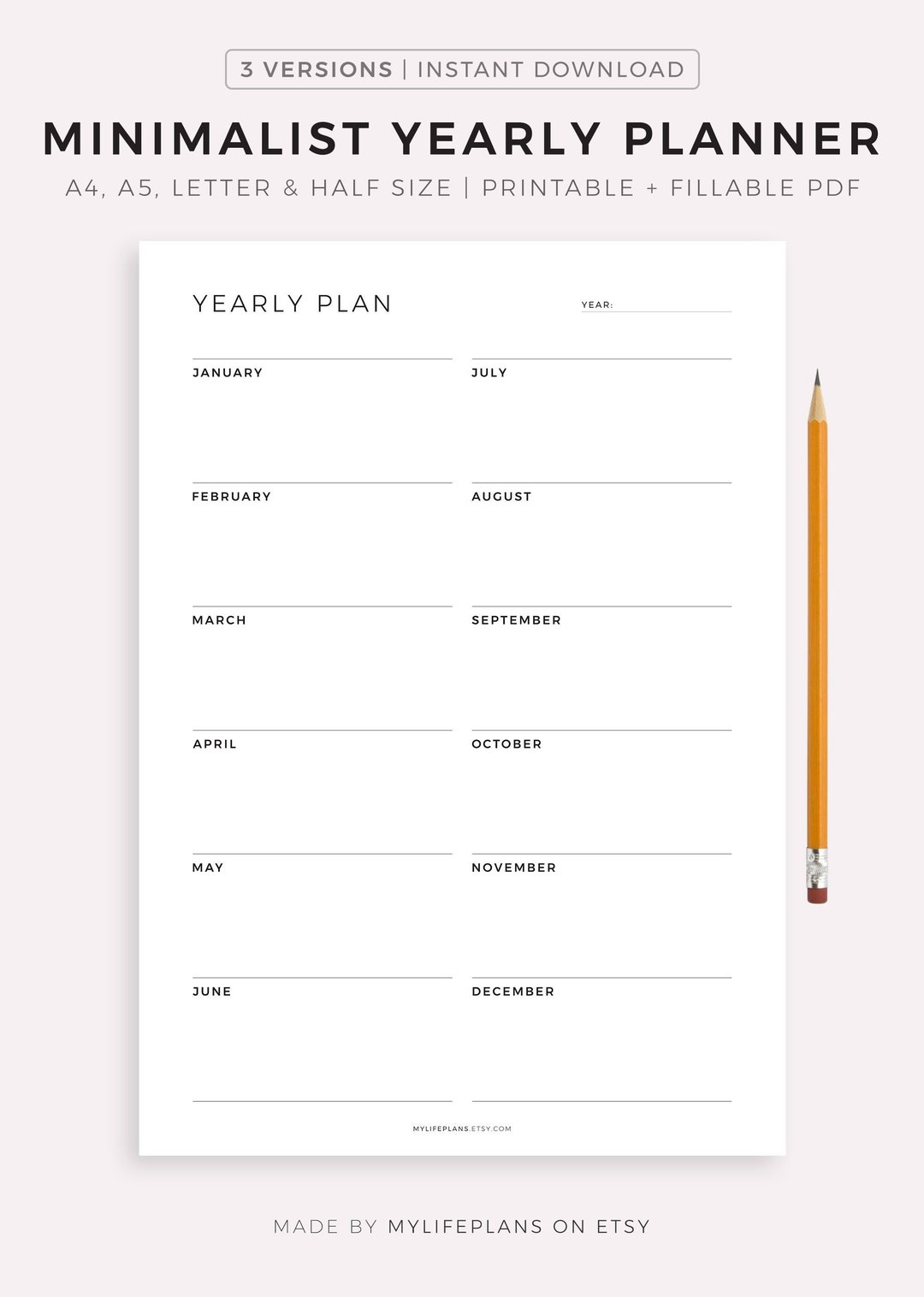 Minimalist Yearly Planner on One Page, Year at a Glance, Annual ...