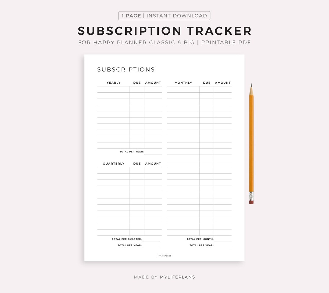 Monthly, Quarterly, Yearly Subscription Tracker, Printable for Happy ...