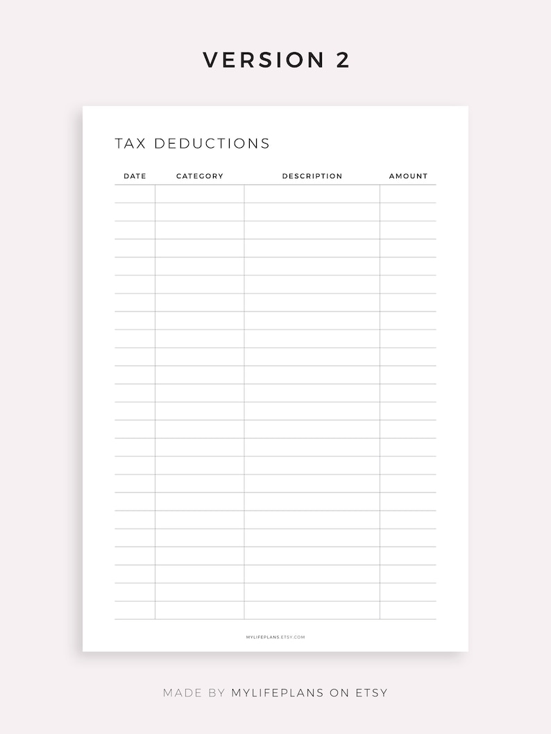 Tax Deduction Tracker Printable, A4/a5/letter/half, Instant Download ...