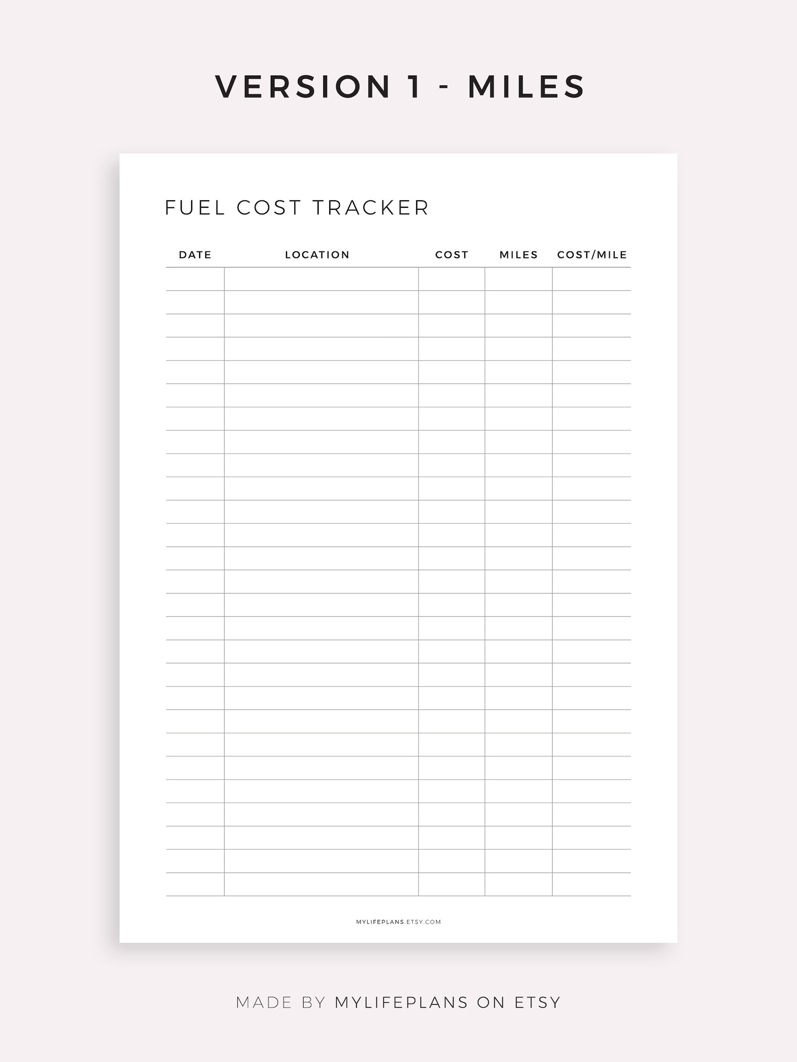 Fuel Cost Tracker Printable & Fillable, Vehicle Fuel Cost per Mile ...