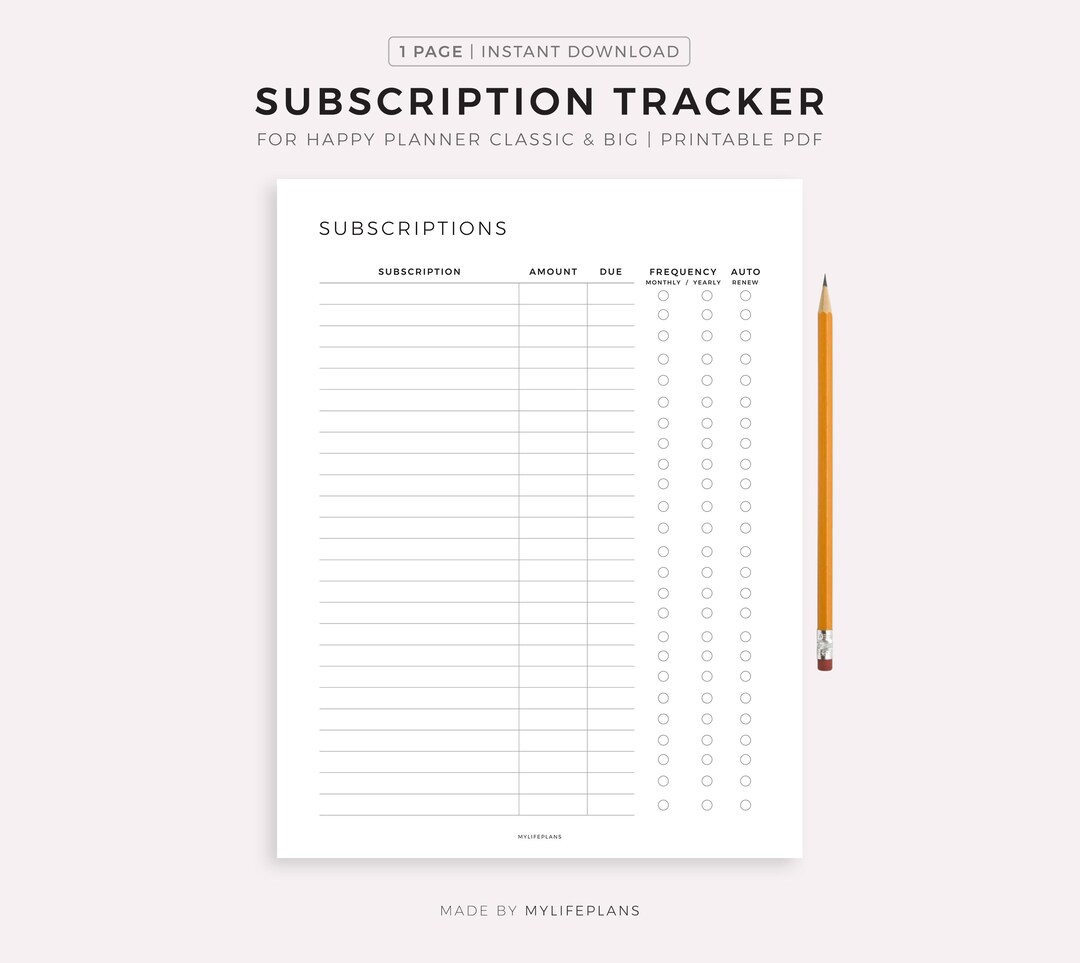 Subscription Tracker Printable, Membership Checklist, Template for ...