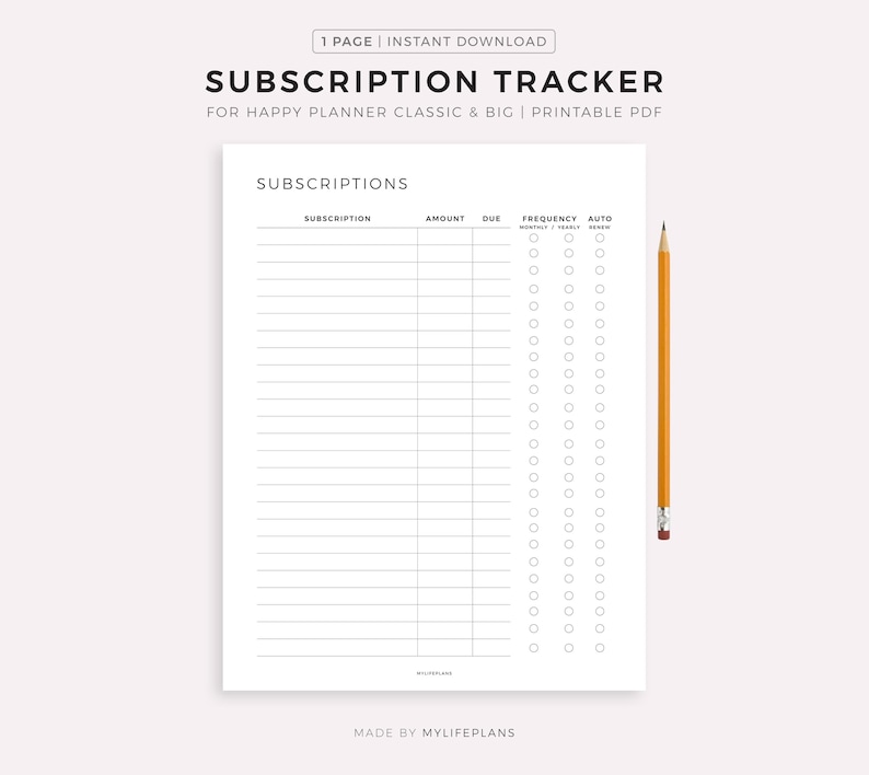 Subscription Tracker Printable, Membership Checklist, Template for ...