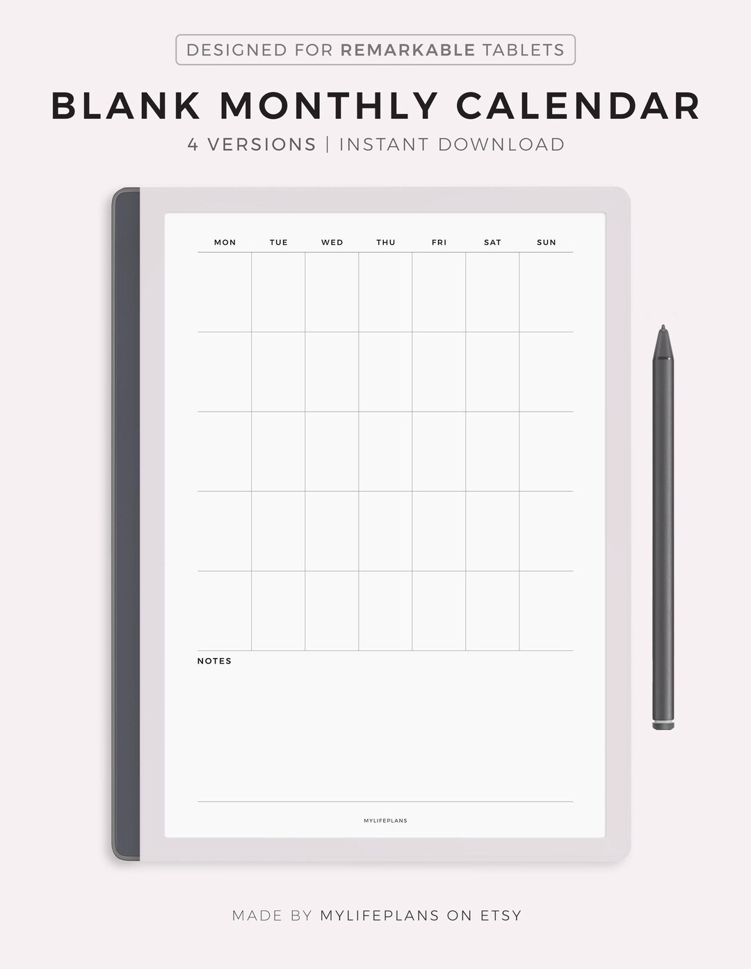 Blank Monthly Calendar for Remarkable 2, Undated Calendar, Monday ...