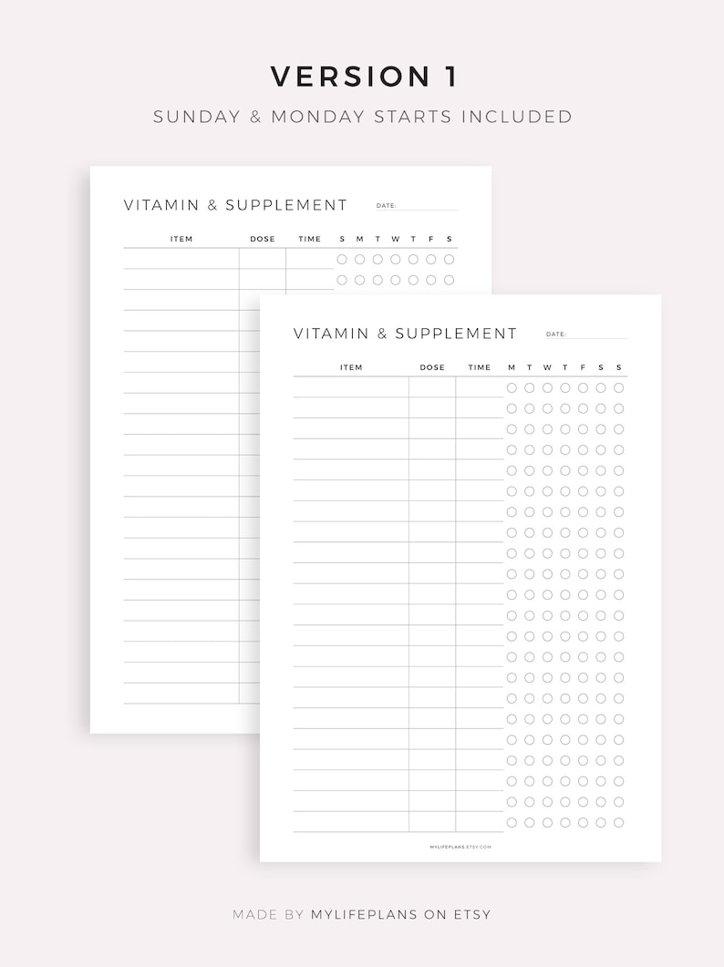 Weekly Vitamin Tracker Printable Supplement Checklist Daily - Etsy