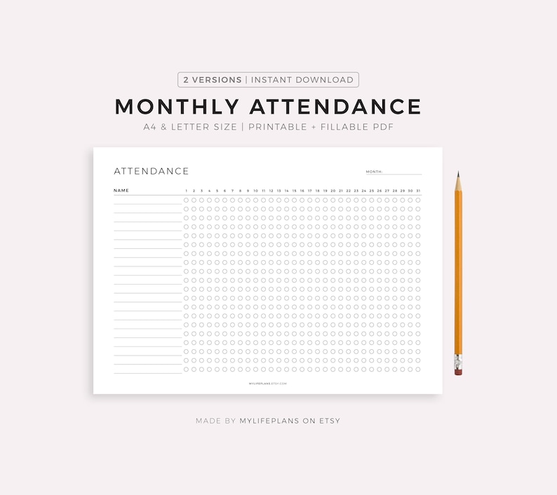 Monthly Employee Attendance Log Printable Landscape - Working Days ...