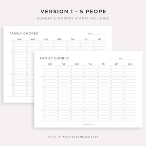 Family Chore Chart Printable Landscape, Weekly Household Chores for ...