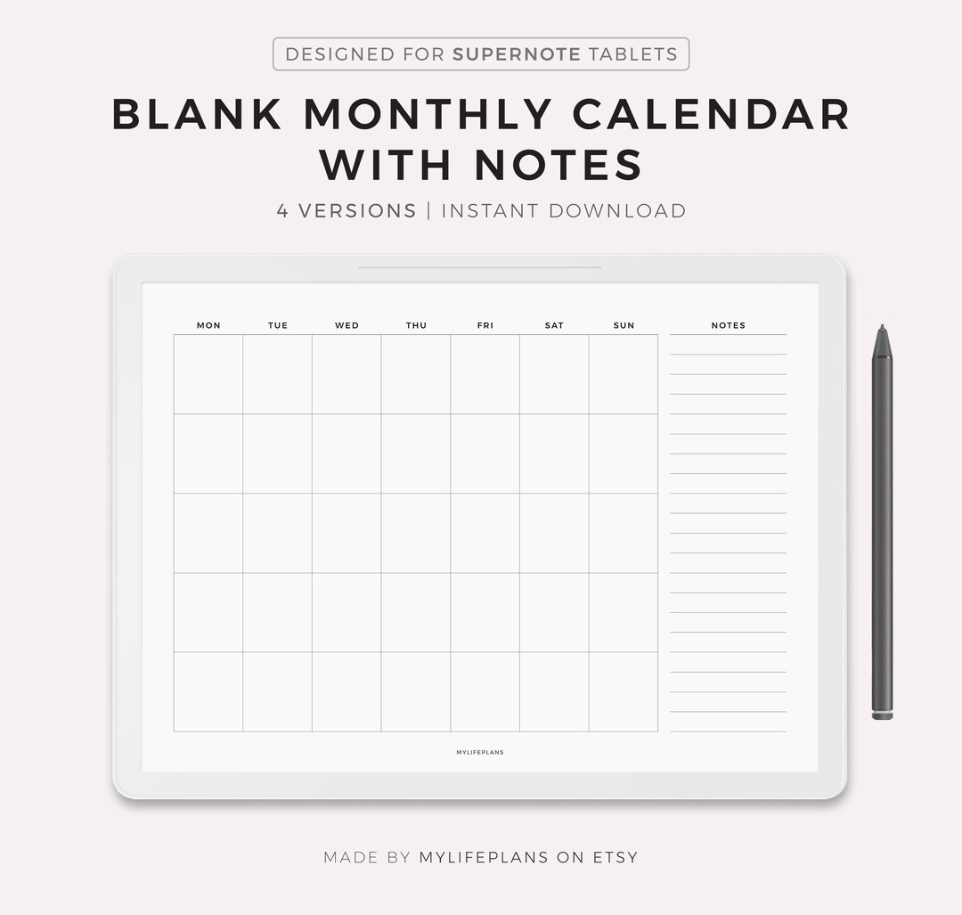Blank Monthly Calendar With Notes, Landscape, Monday & Sunday Start ...
