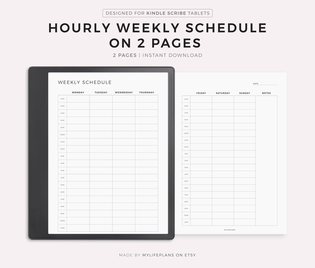 Hourly Weekly Schedule on 2 Pages, Sunday & Monday Start, Compatible ...