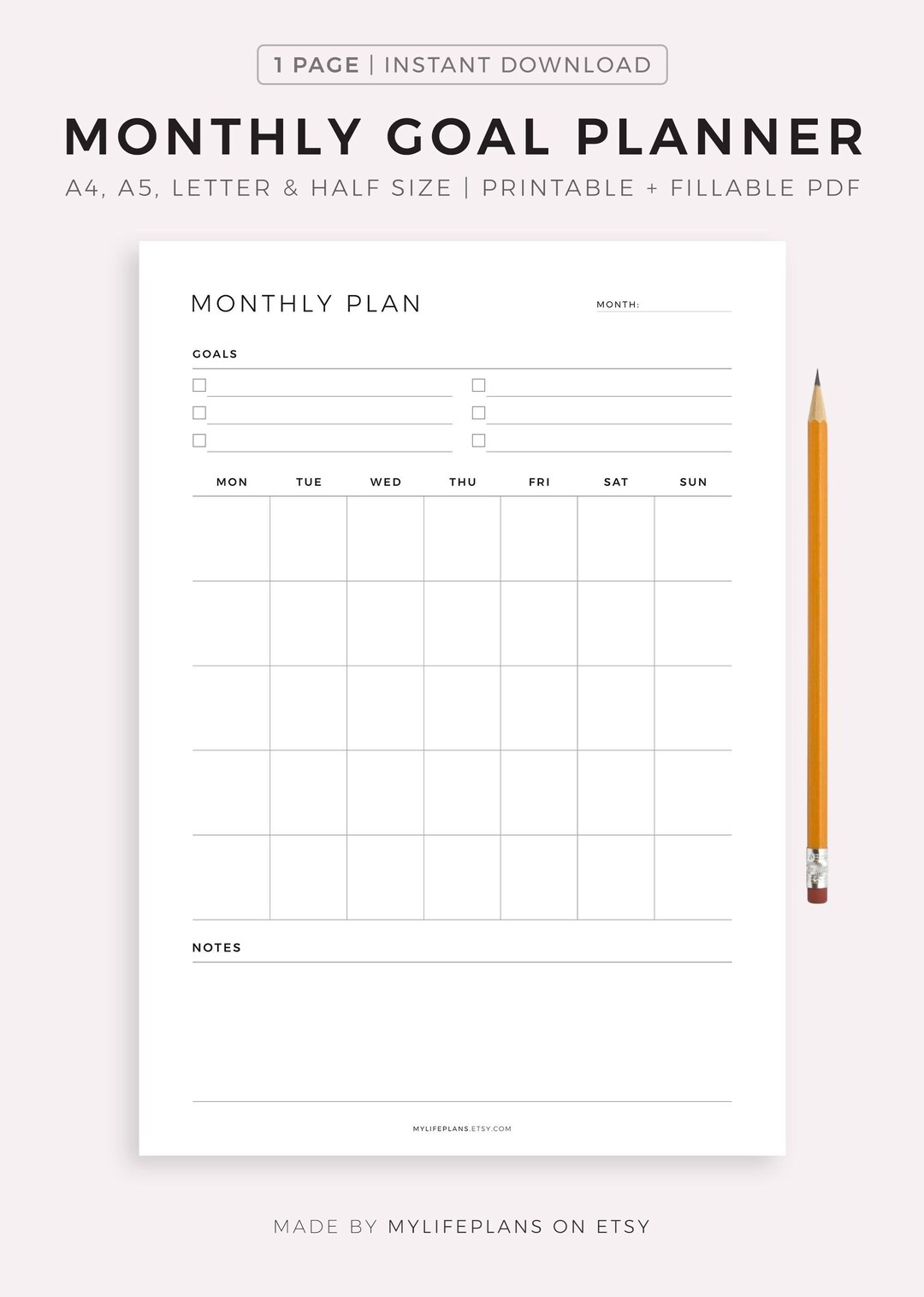 Monthly Goal Planner Printable, Fillable Monthly Planner, Monday and ...