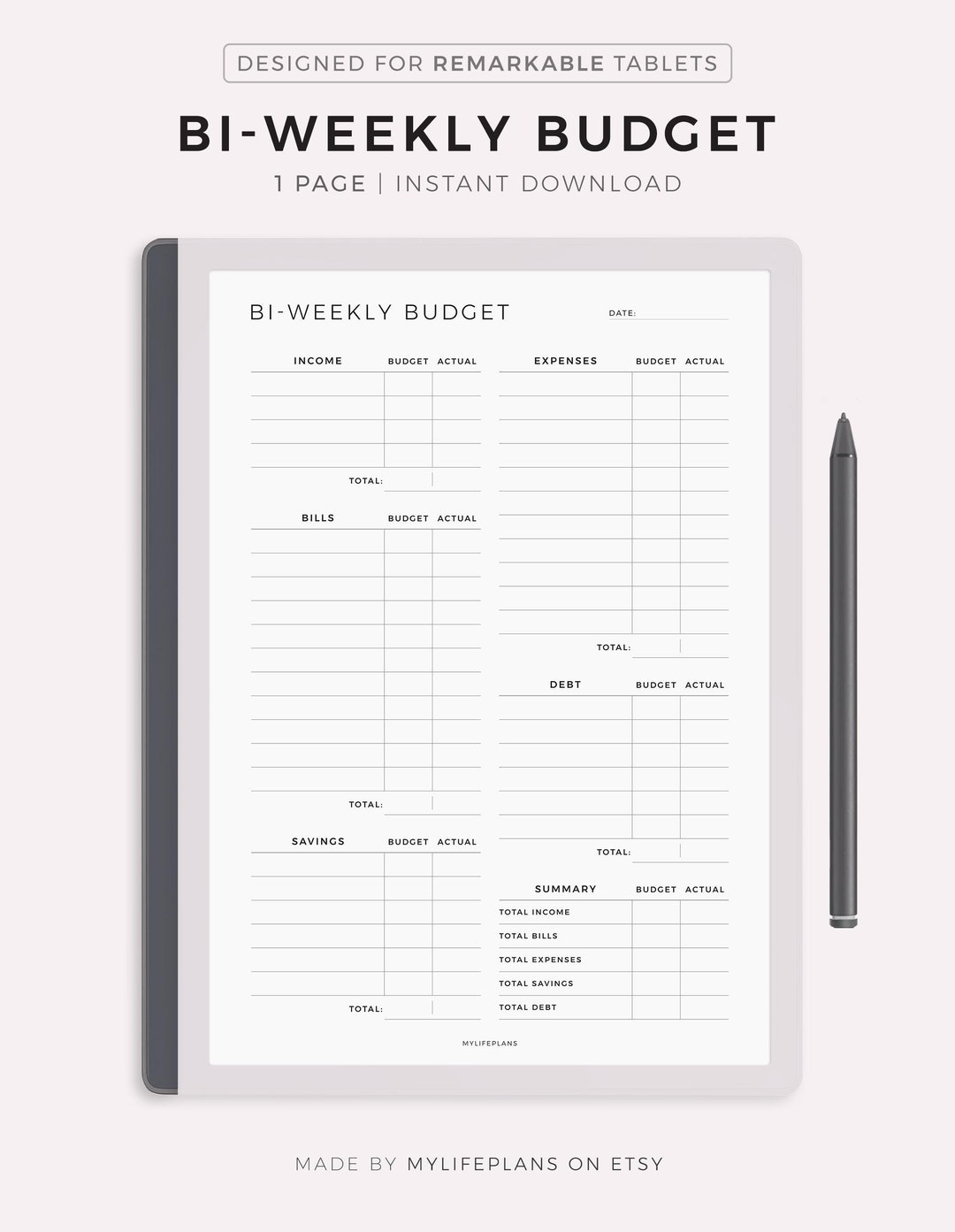 Bi-weekly Budget Planner for Remarkable 2, Budget Template, Budget by ...
