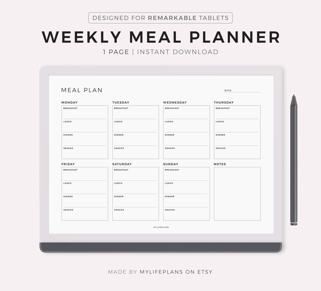 Weekly Meal Planner for Remarkable 2, Landscape, Food Diary, Meal ...