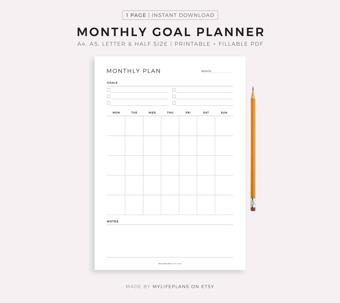 Monthly Goal Planner Printable, Fillable Monthly Planner, Monday and ...