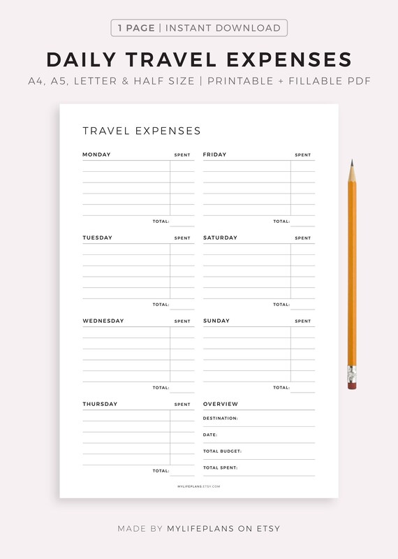 Daily Travel Expenses Tracker Vacation Spending Work Travel - Etsy