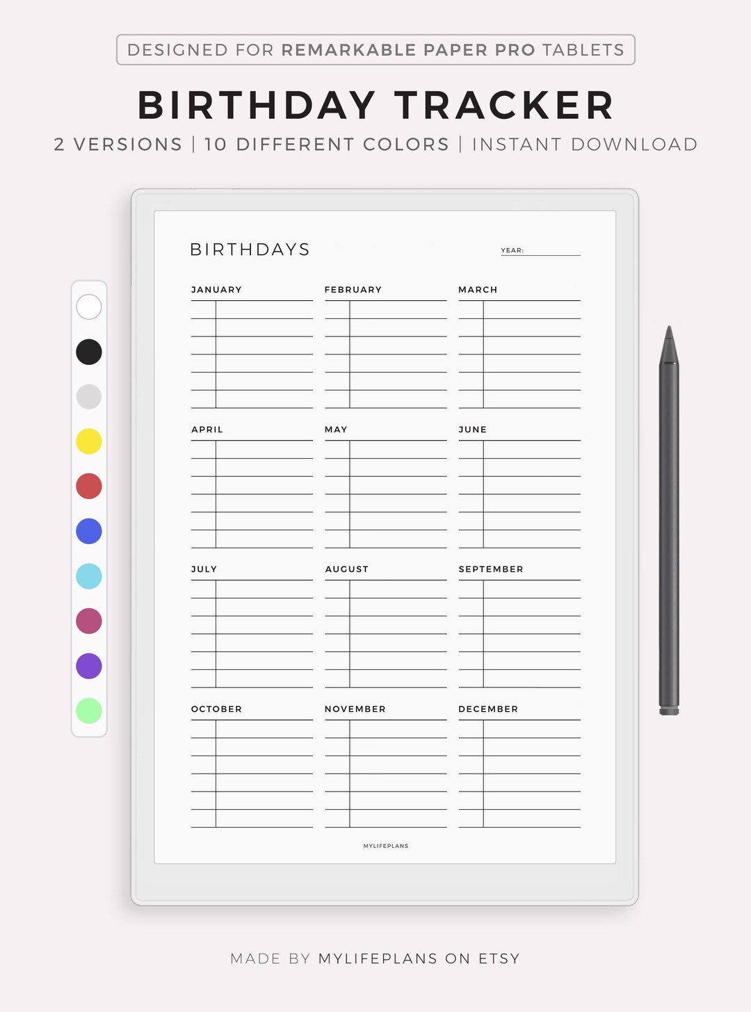 Birthday Tracker Template for Remarkable Paper Pro, Instant Download - Etsy
