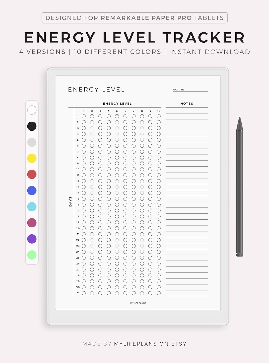 Daily Energy Level Tracker for Remarkable Paper Pro, Track Monthly ...