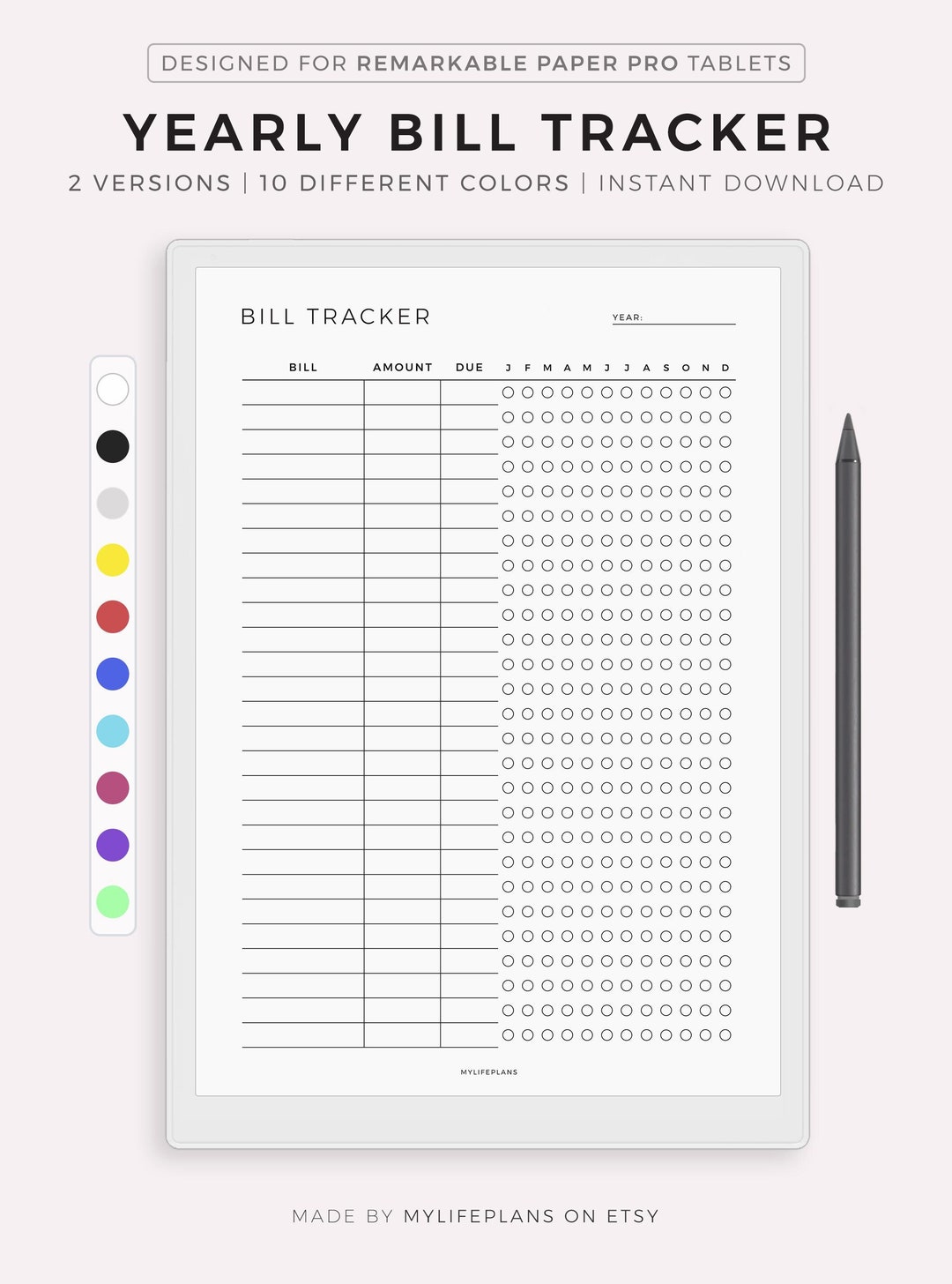 Yearly Bill Tracker for Remarkable Paper Pro, Instant Download - Etsy