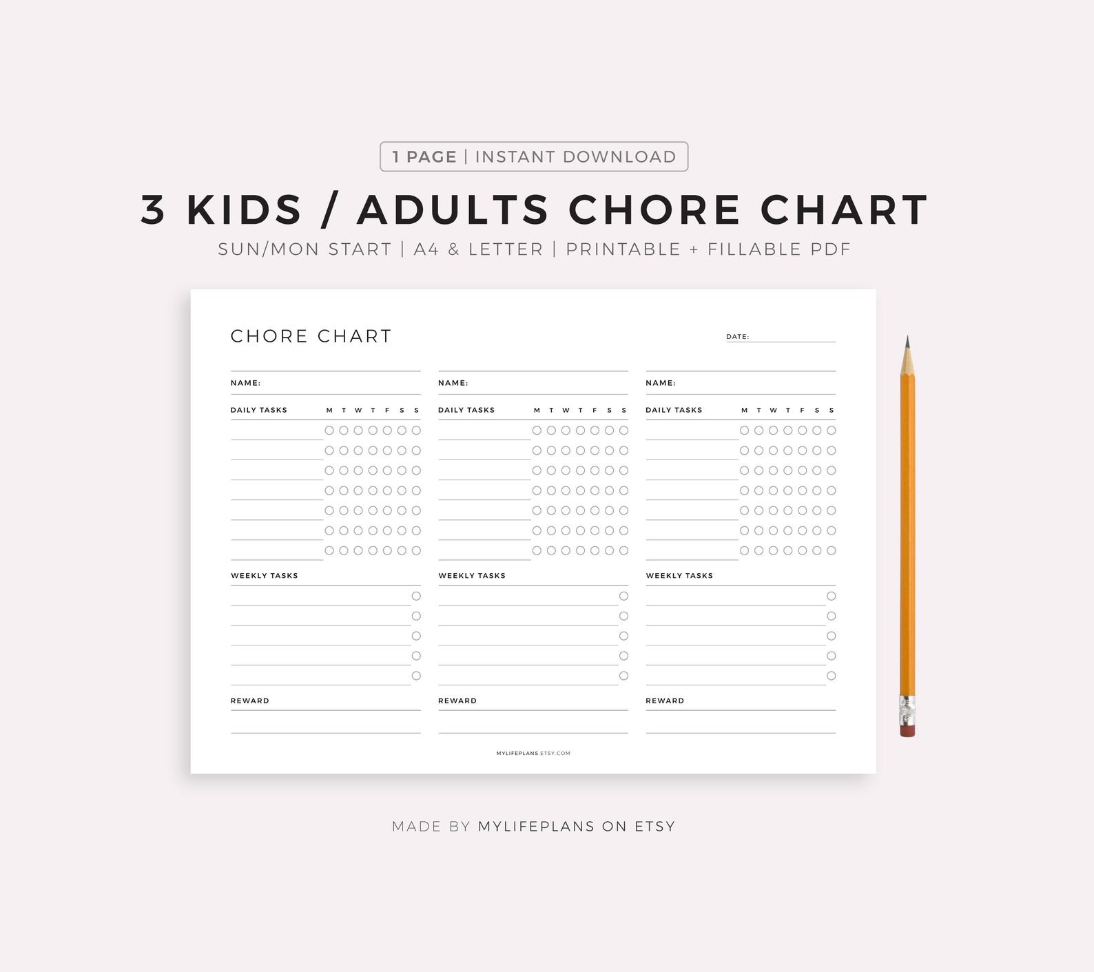 Chore Chart for 3 Kids / Adults Printable Template, Weekly Household ...