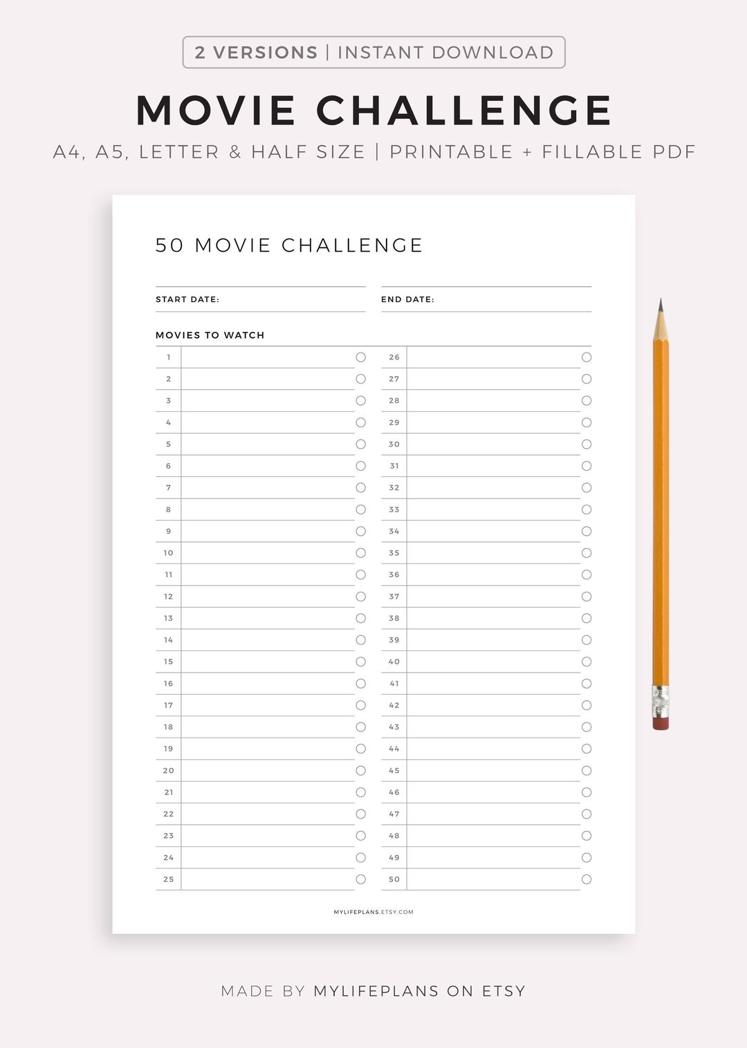 Movie Challenge Printable, Movies to Watch, Bucket List, Movie Tracker ...