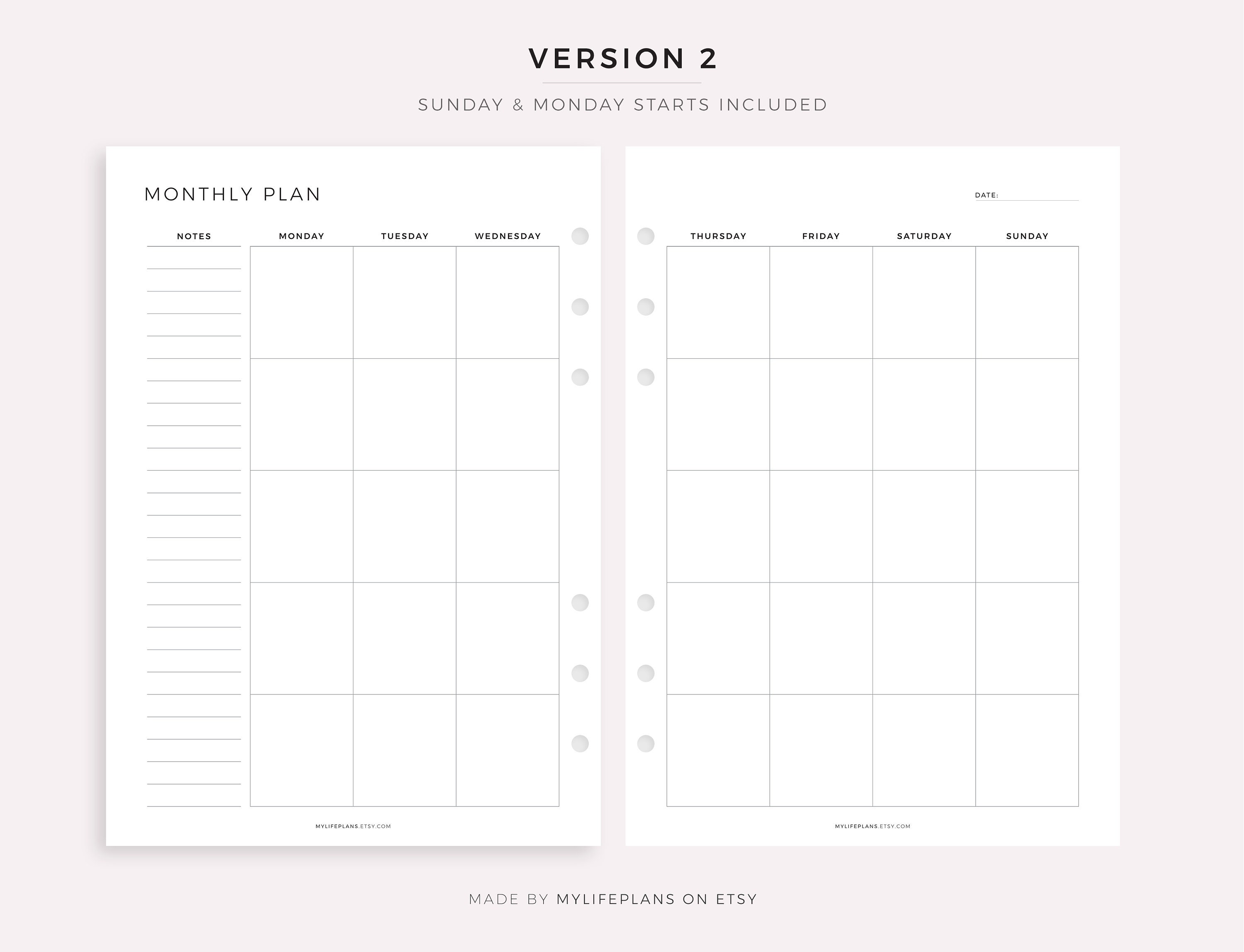 Undated Monthly Planner Printable Month on Two Pages Month - Etsy