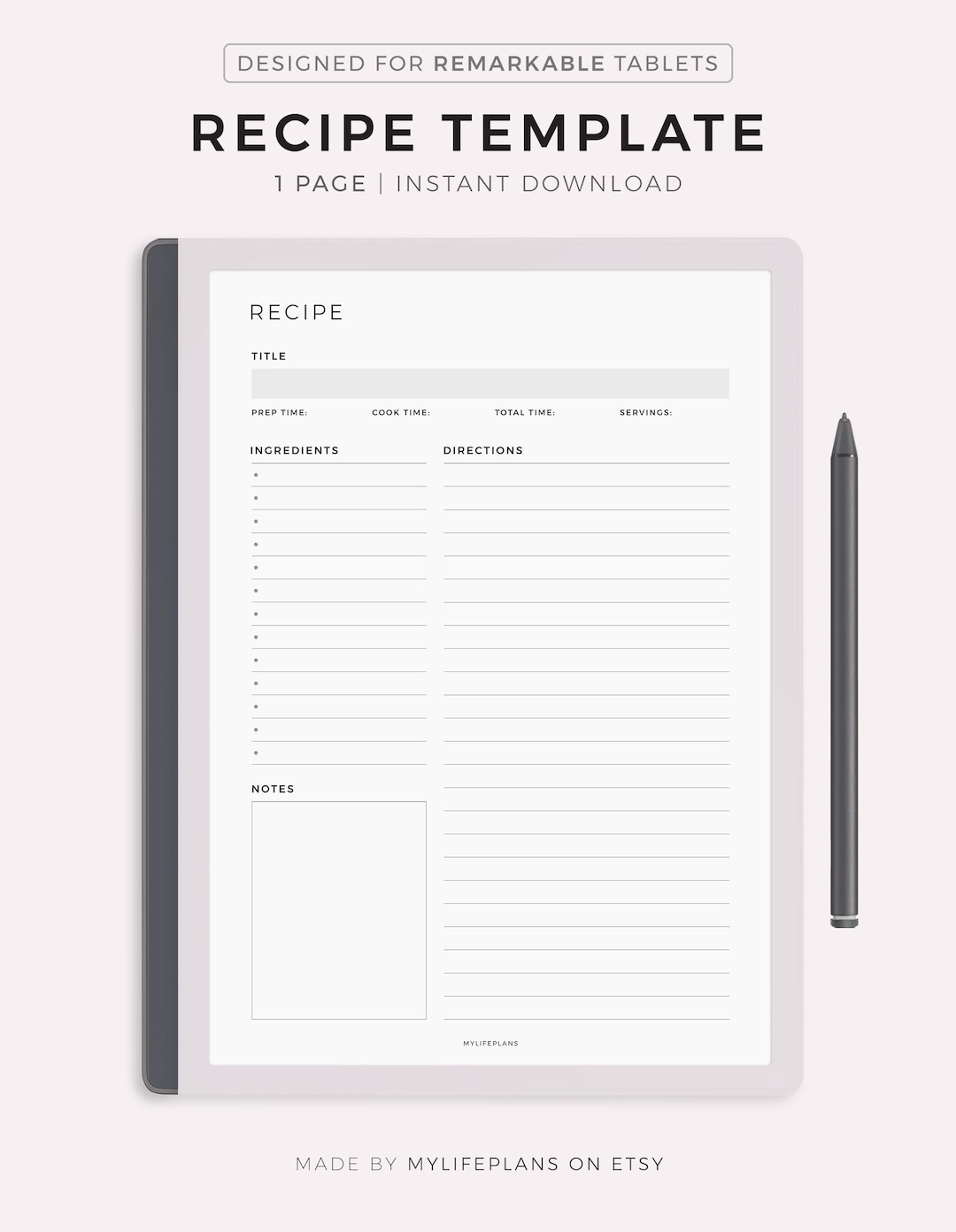 Recipe Template for Remarkable 2, Recipe Book, Blank Recipe Page ...