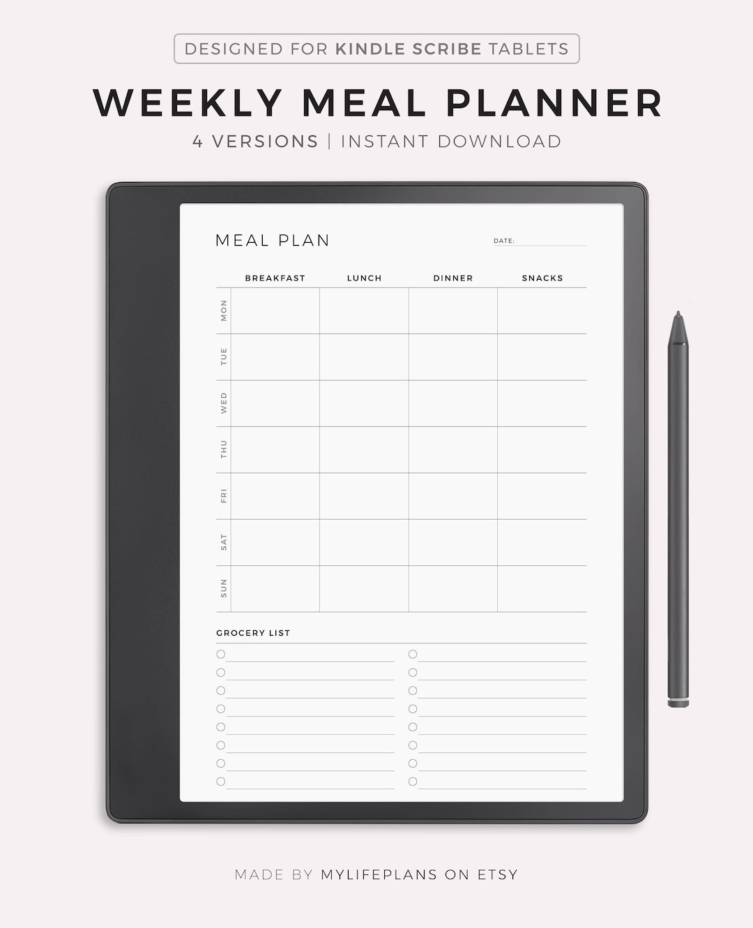 Weekly Meal Planner for Kindle Scribe, 7 Day Menu Planner, Meal Prep ...