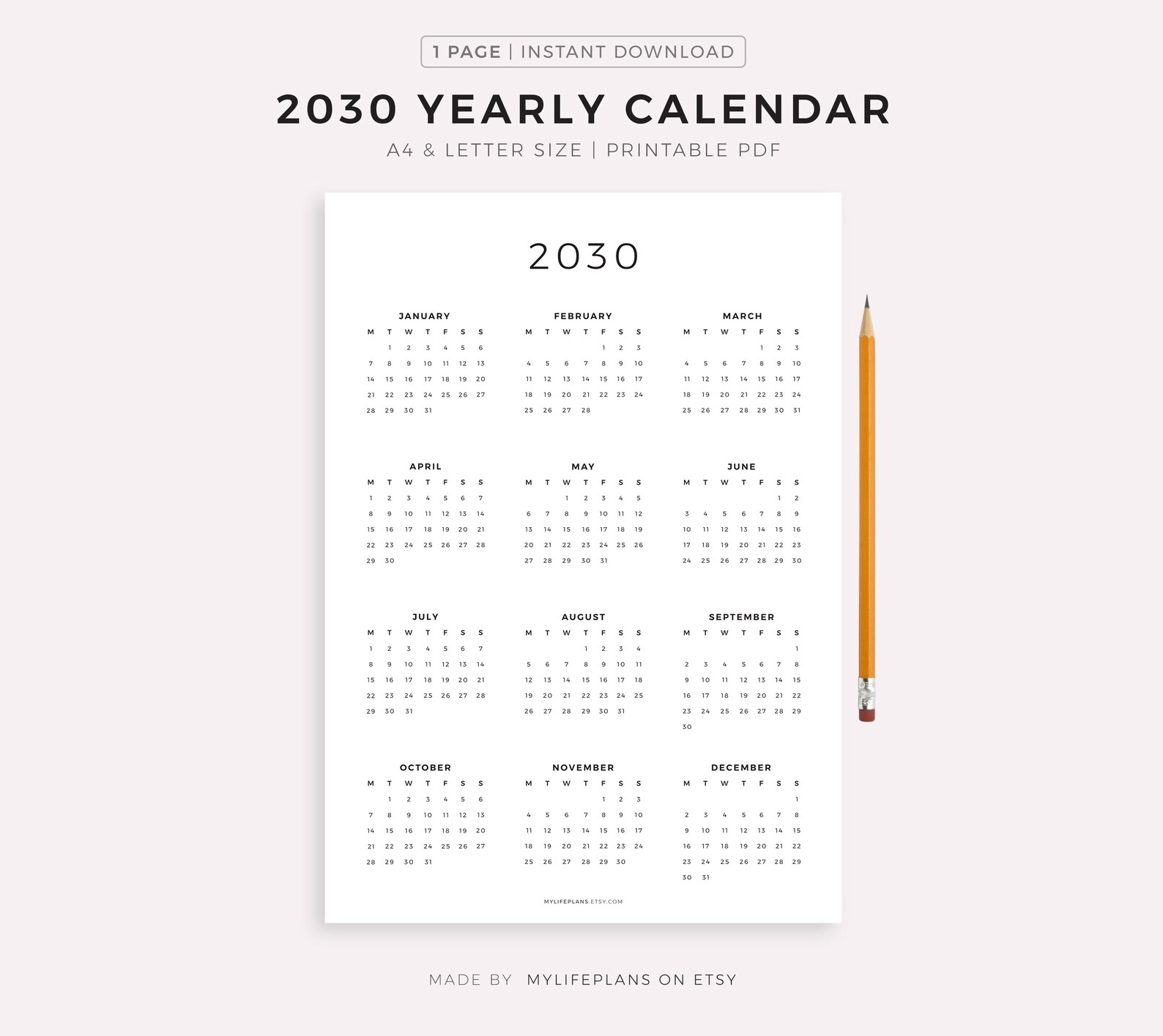 2030 Year Calendar Printable, Yearly Wall Calendar, Desk Calendar ...