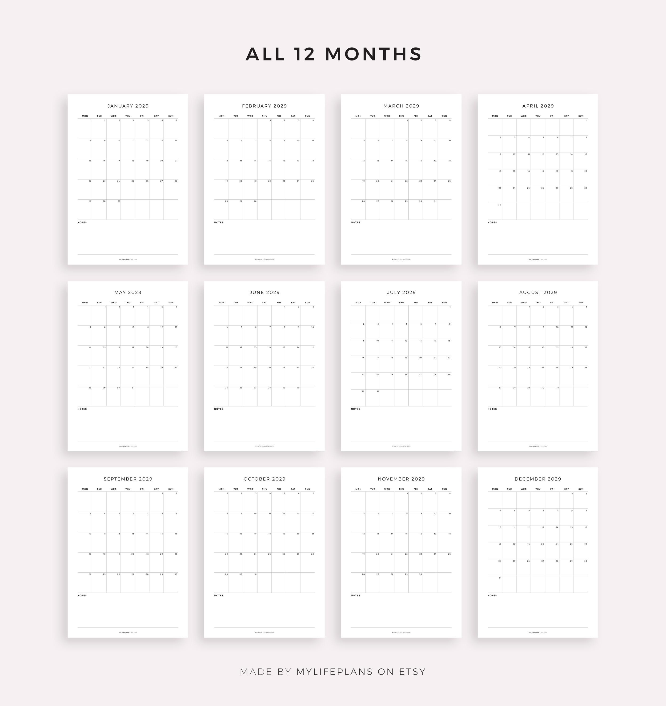 2029 Monthly Calendar With Notes, Printable Calendar Template ...