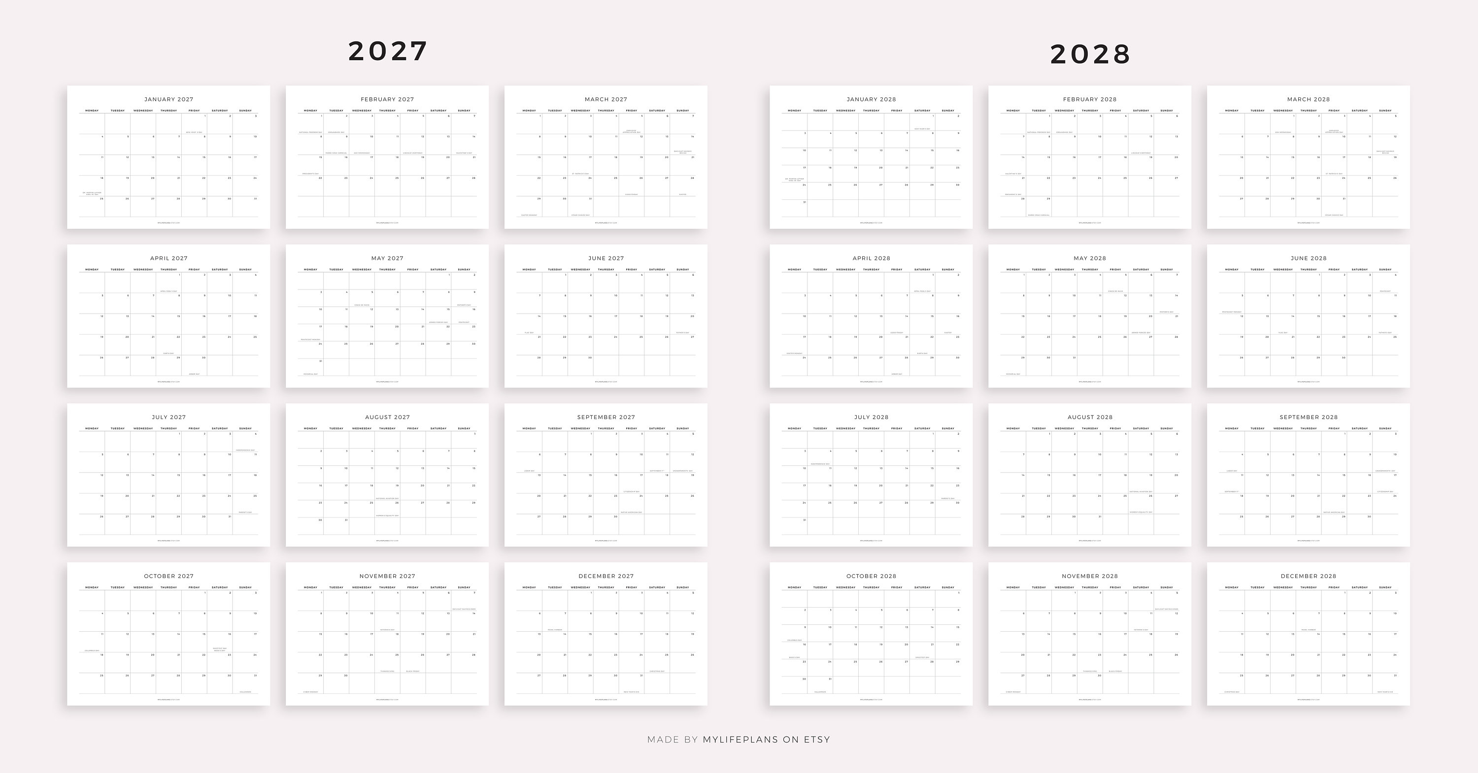 2023-2030 Monthly Calendars With Holidays Printable Calendar - Etsy