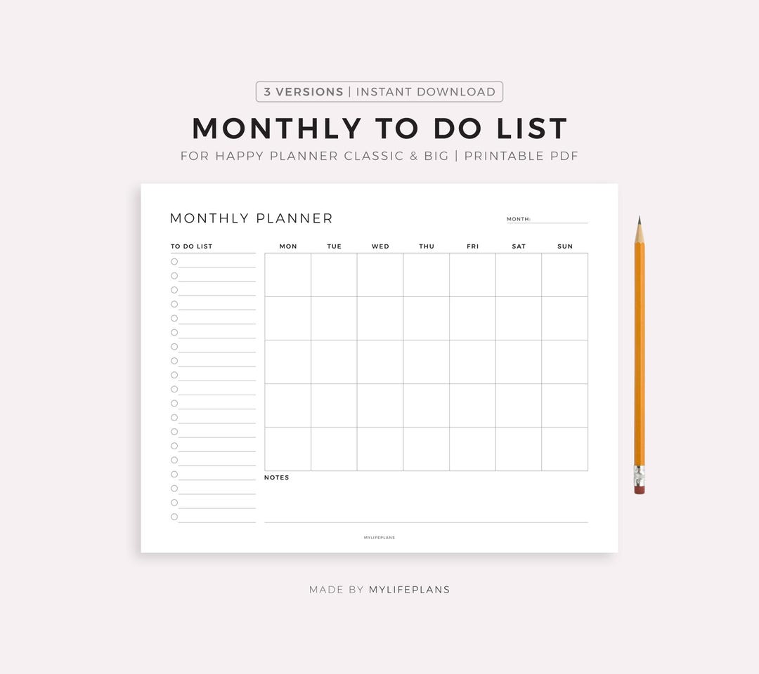 Monthly to Do List Planner for Happy Planner Classic & Big, Printable ...