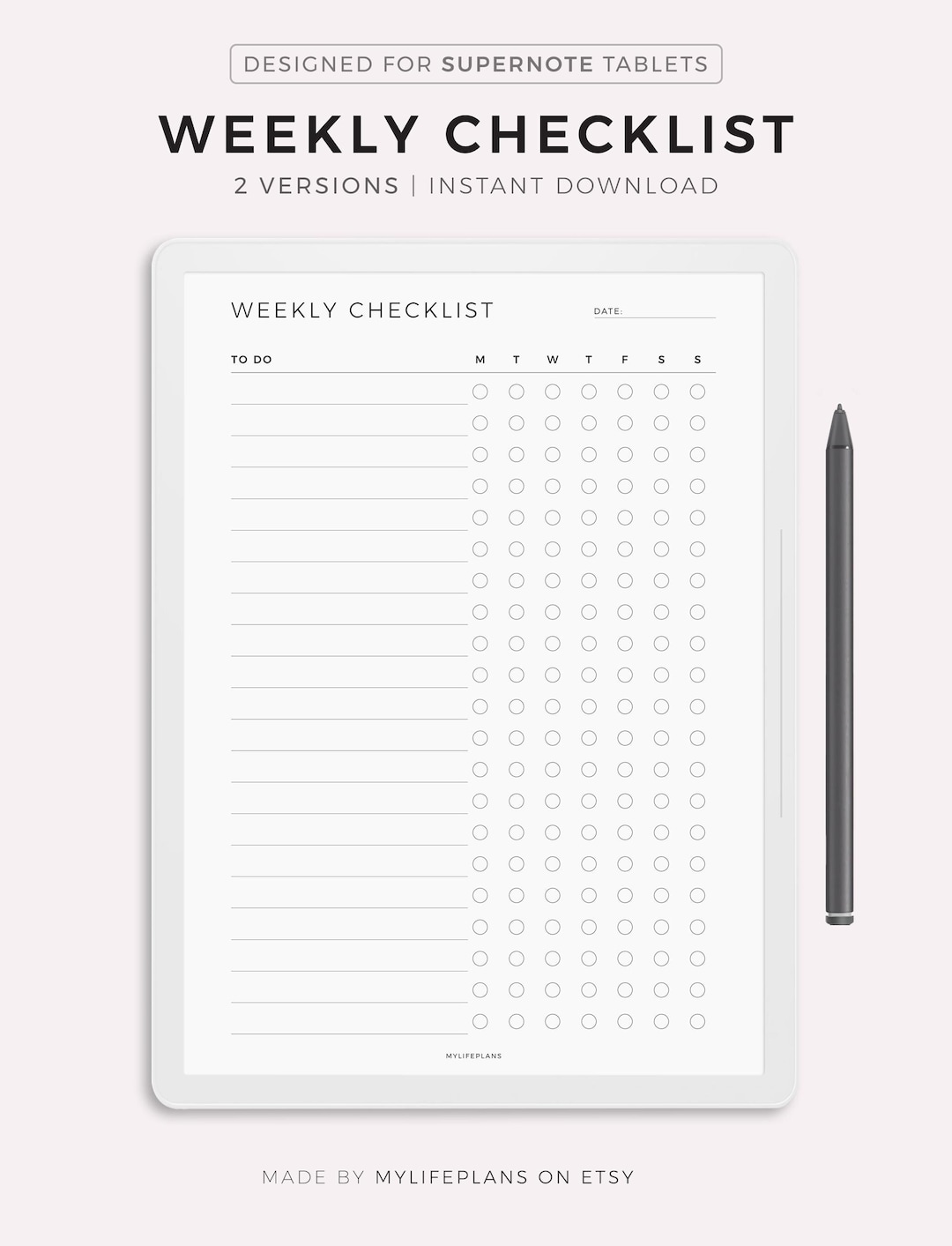 Weekly Checklist Template for Supernote A5X2/A5X/A5/A6X2/A6X/A6, Weekly ...