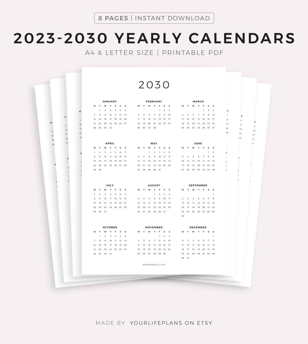 2024-2030 Year Calendars Printable, Yearly Wall Calendar, Desk Calendar ...