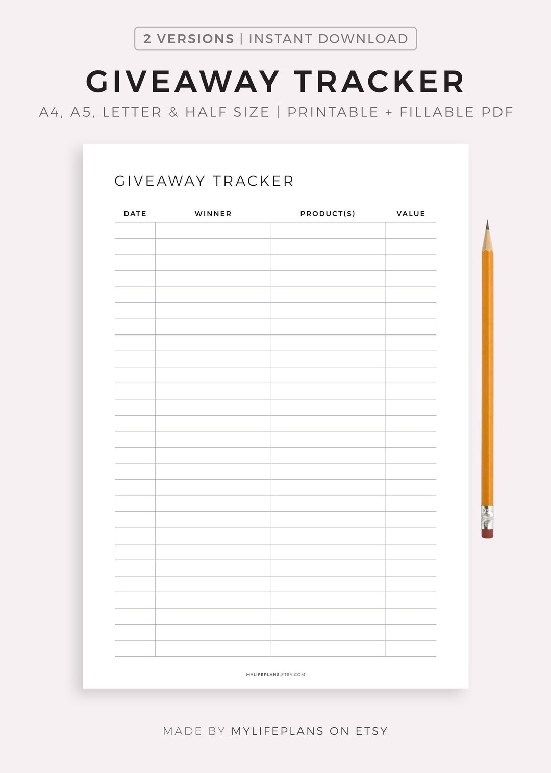 Giveaway Tracker Printable, Business Giveaway, Social Media Influencer ...