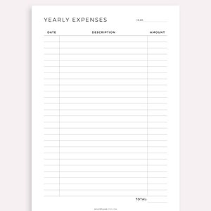 Simple Yearly Expenses Tracker Printable, Spending Log, Purchase ...