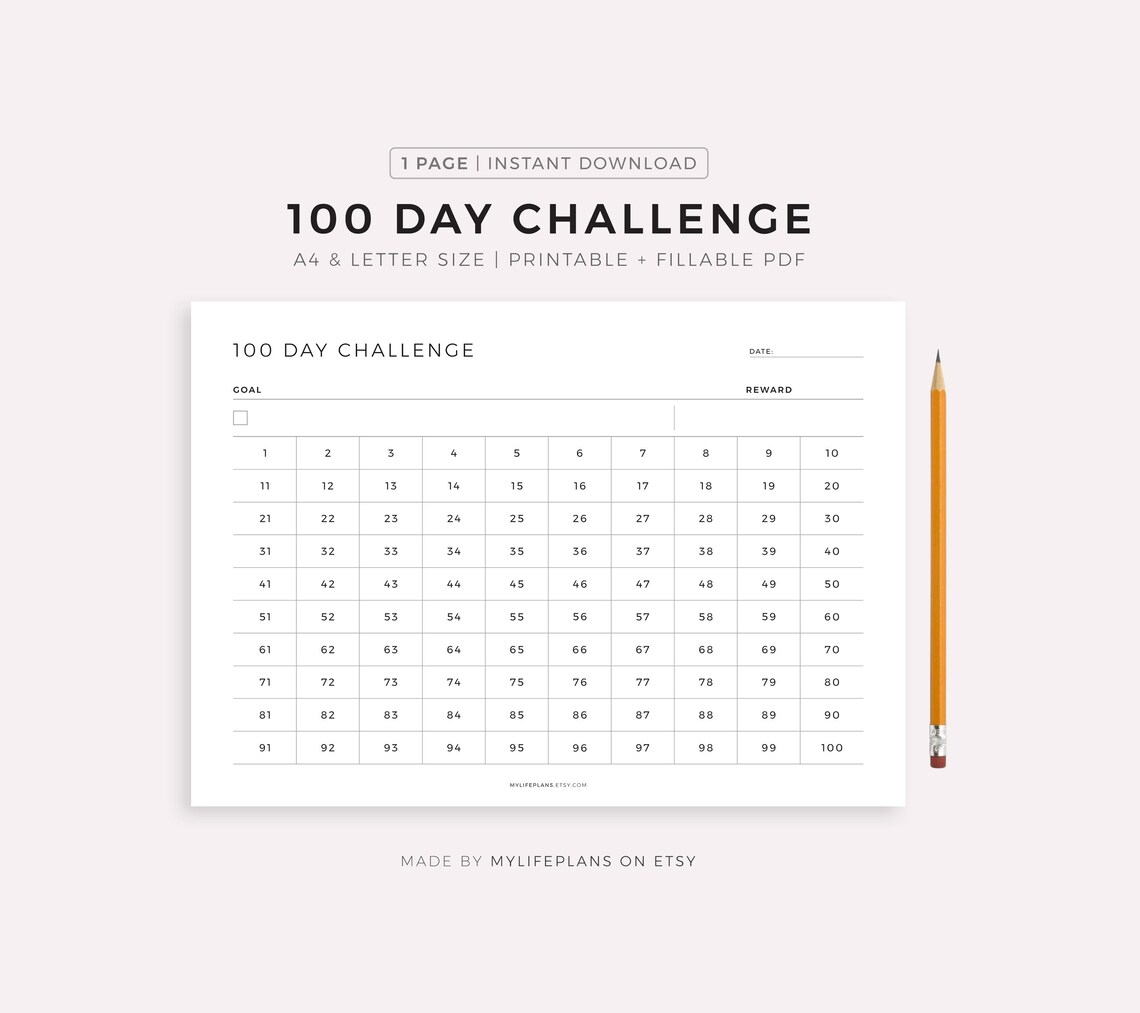 100 Day Challenge Printable Landscape, Goal Setting, Progress Tracker ...