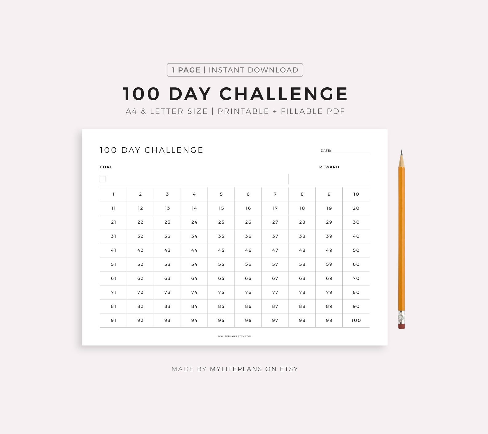 100 Day Challenge Printable Landscape, Goal Setting, Progress Tracker ...