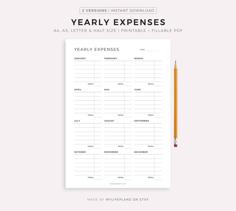 Yearly Expenses Overview Printable, Business Spending Tracker, Budget ...