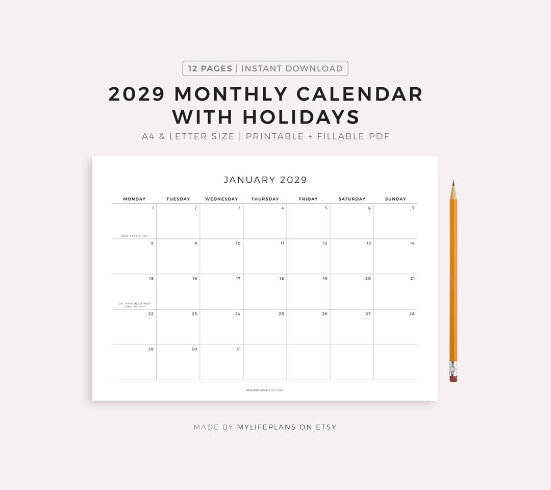 2029 Monthly Calendar With Holidays, Printable Calendar Template ...