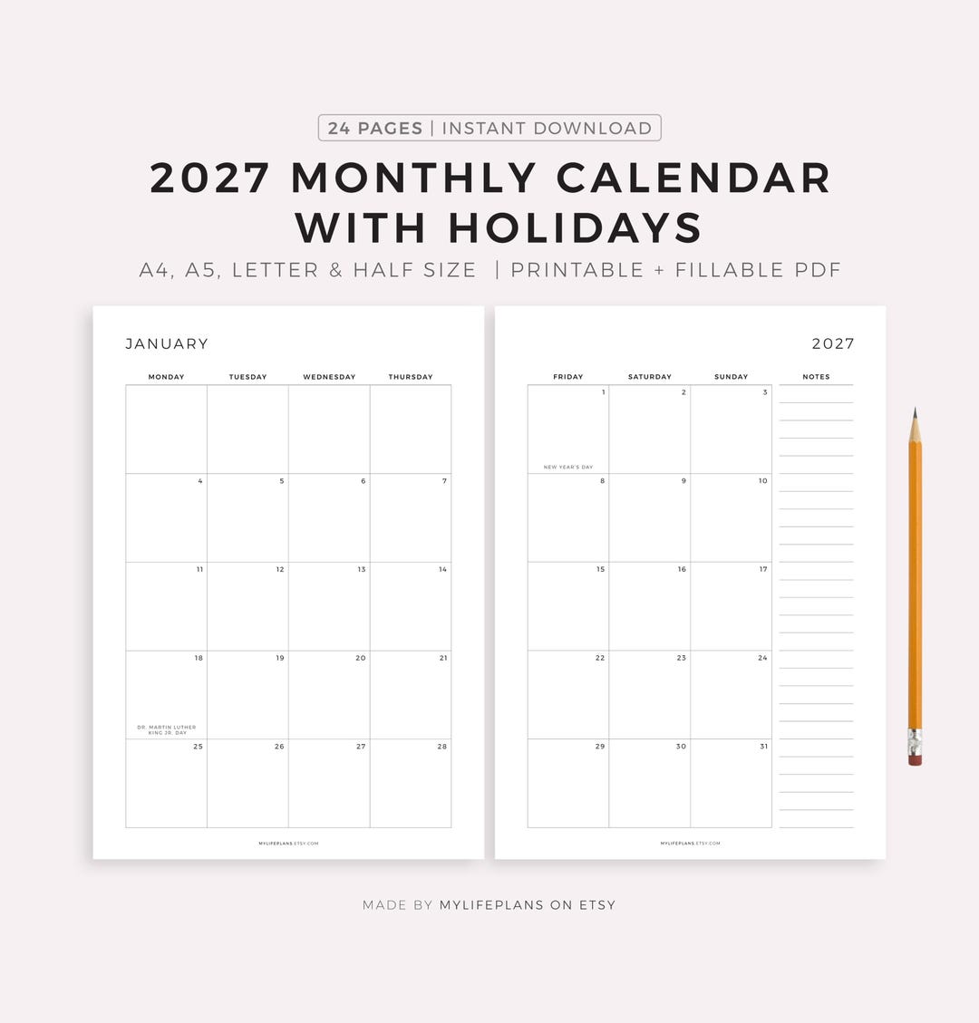 2027 Monthly Calendar With Holidays on 2 Pages, Printable Calendar ...