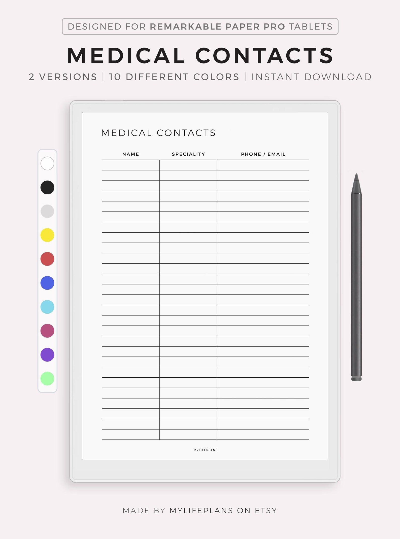 Medical Contacts List Template for Remarkable Paper Pro, Instant ...