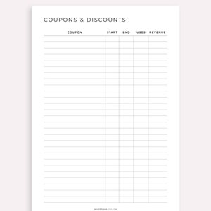 Online Shop Coupon & Discounts Tracker Printable, Business Coupon ...